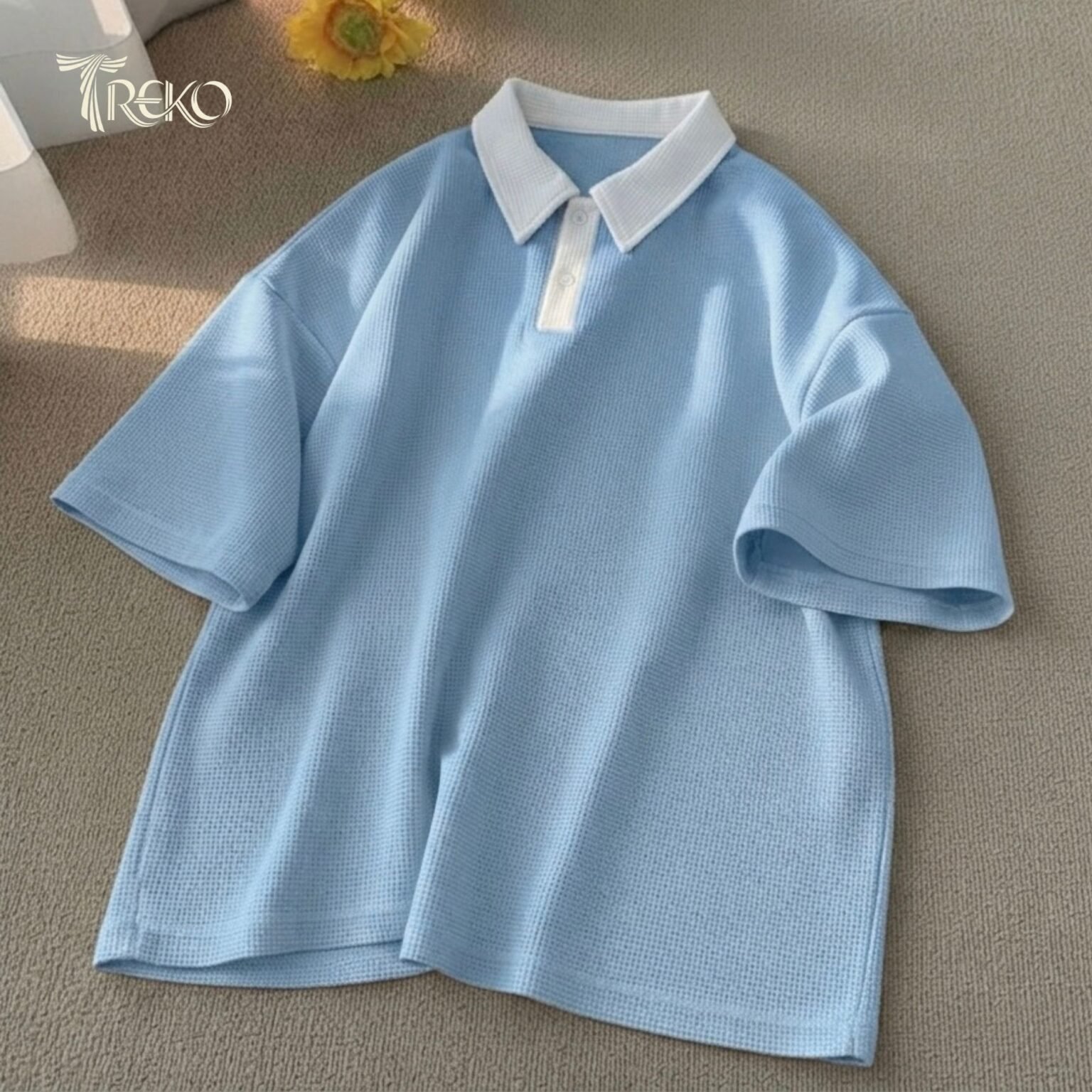 OVERSIZED WAFFLE POLO SKY BLUE – Treko